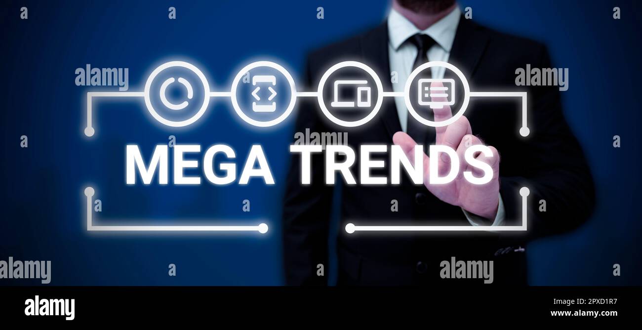 Text caption presenting Mega Trends, Word Written on powerful phenomena ...