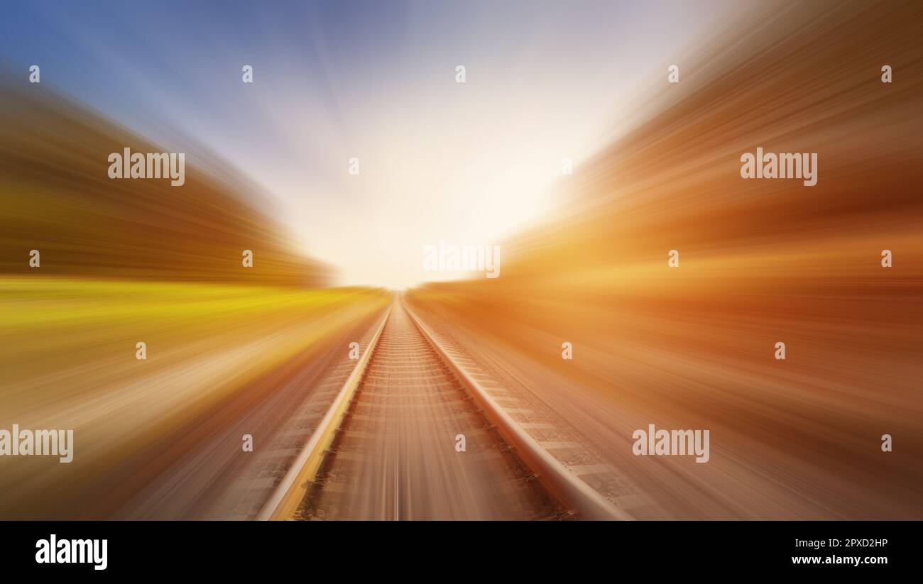 Blurred effect of the railroad in nature in evening. Concept of ...