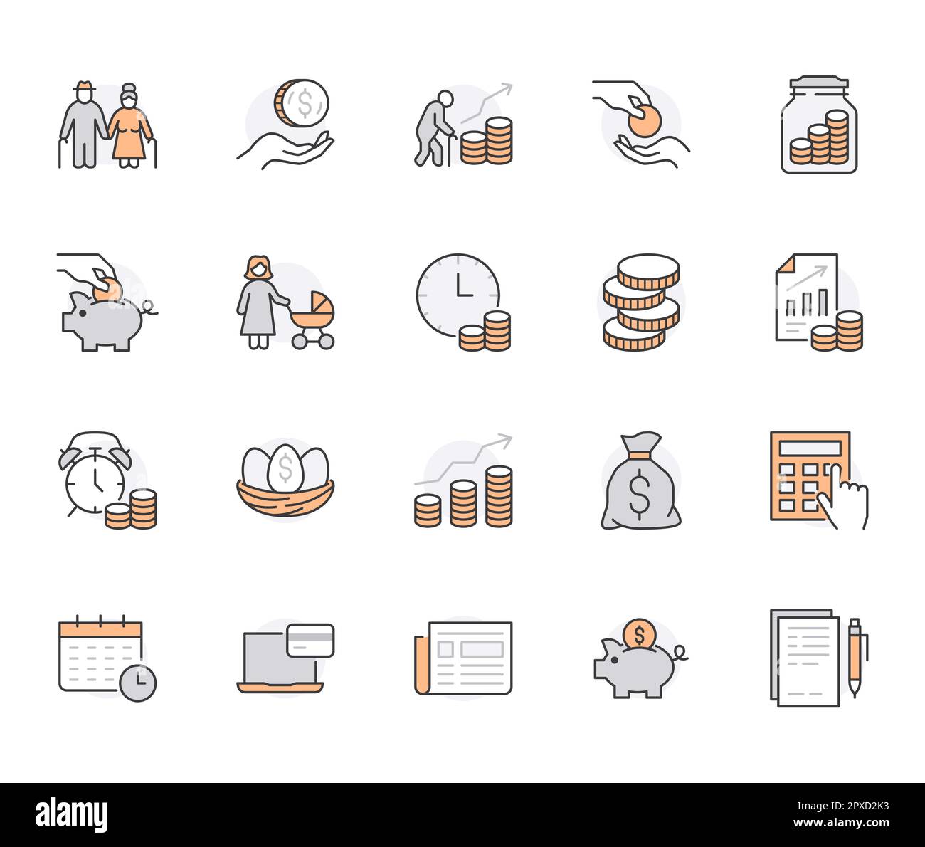 Retirement plan flat line icons set. Pension payment, money deposit ...