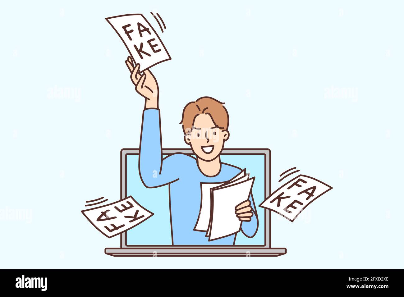 Man looks out laptop screen scattering pieces paper with inscription ...