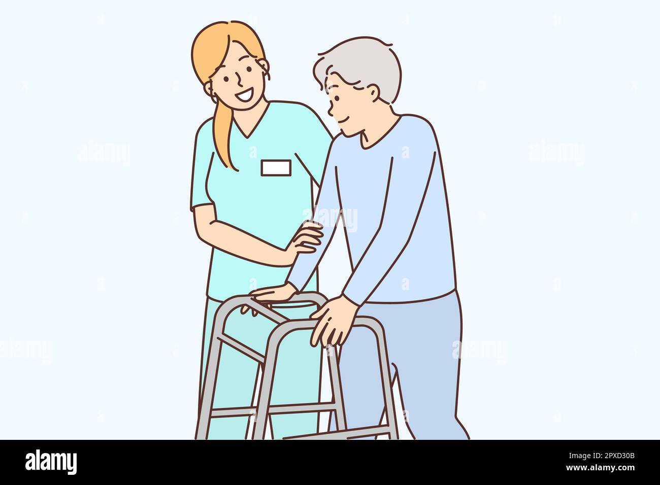 Woman nursing home employee caring for elderly human leaning on stilts ...
