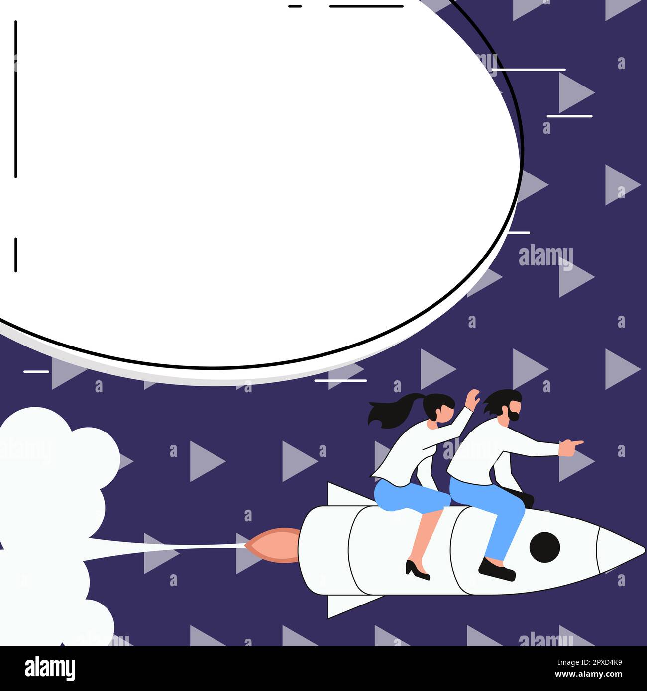 People on Rocket Ship Straight Up. Empty whiteboard on colored ...