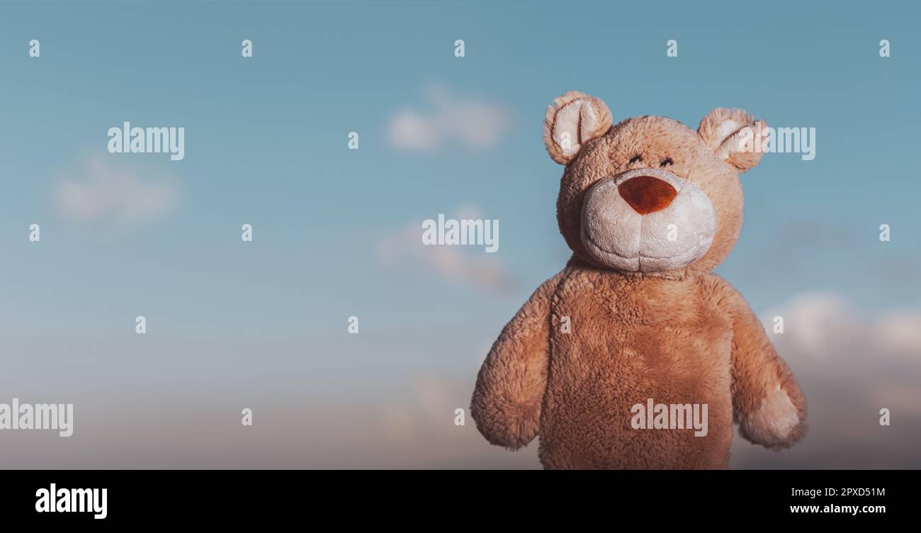 Babyish background. Playtime concept. Soft toy Bear over sly pastel sky ...