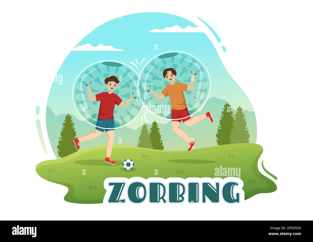 Zorbing Illustration with People Playing Bubble Bump on Green Field or ...