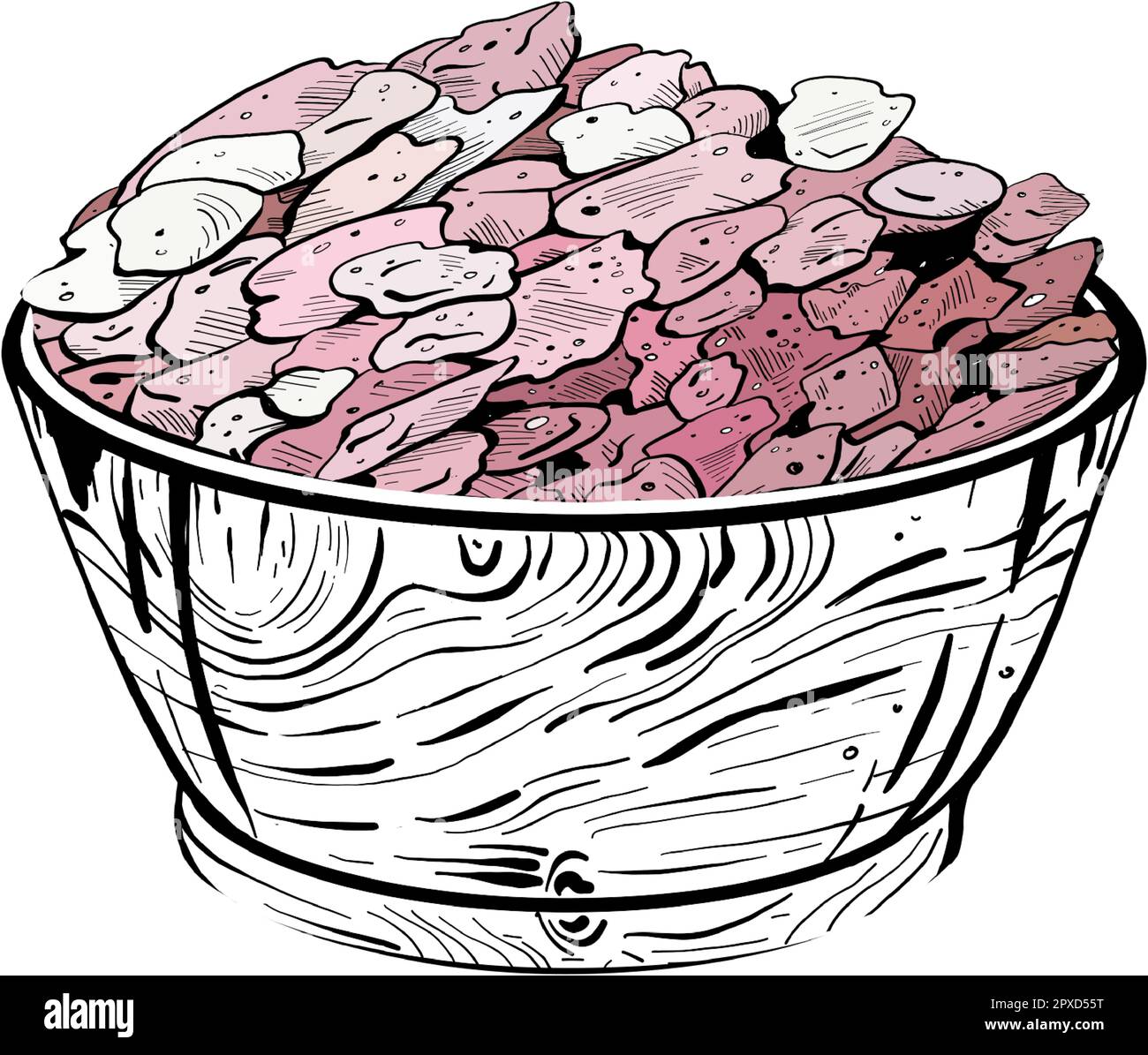 Vector illustration of cosmetic pink sea salt on wooden bowl on white ...