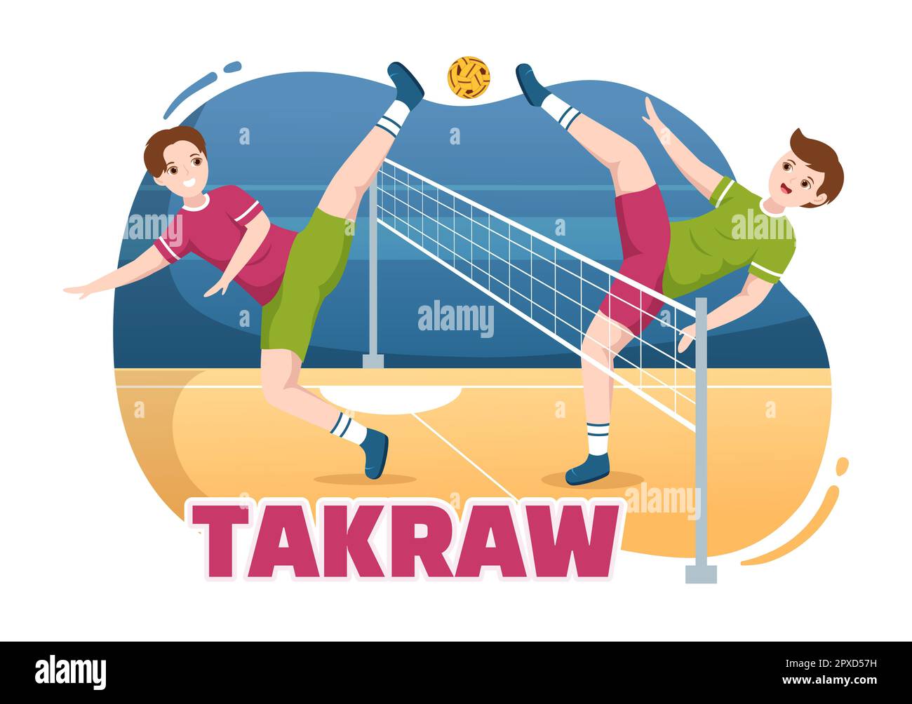 Sepak Takraw Illustration with Athlete Playing Kick Ball on Court in ...