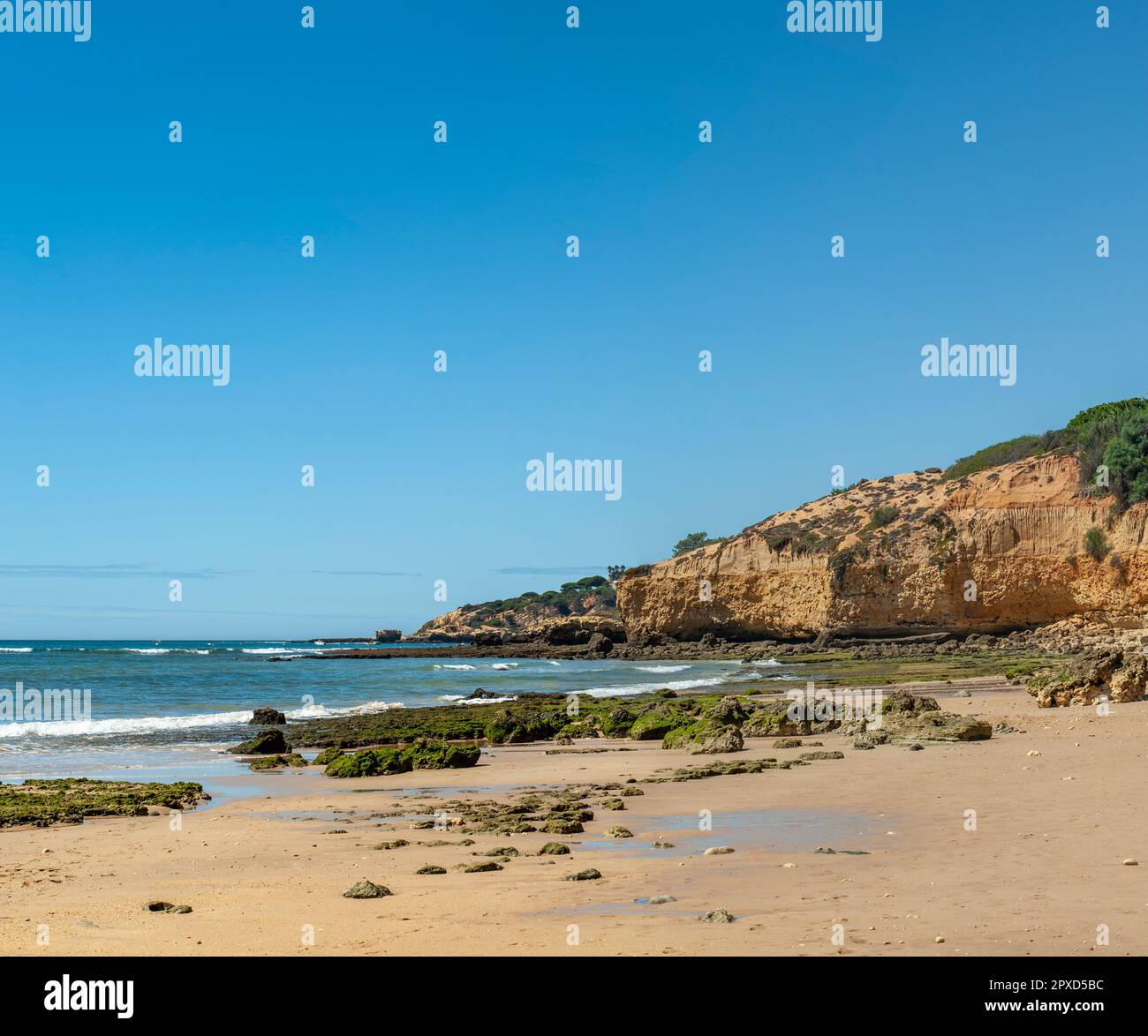 Maria Luisa beach with rock formation in Albufeira, Algarve, Portugal ...