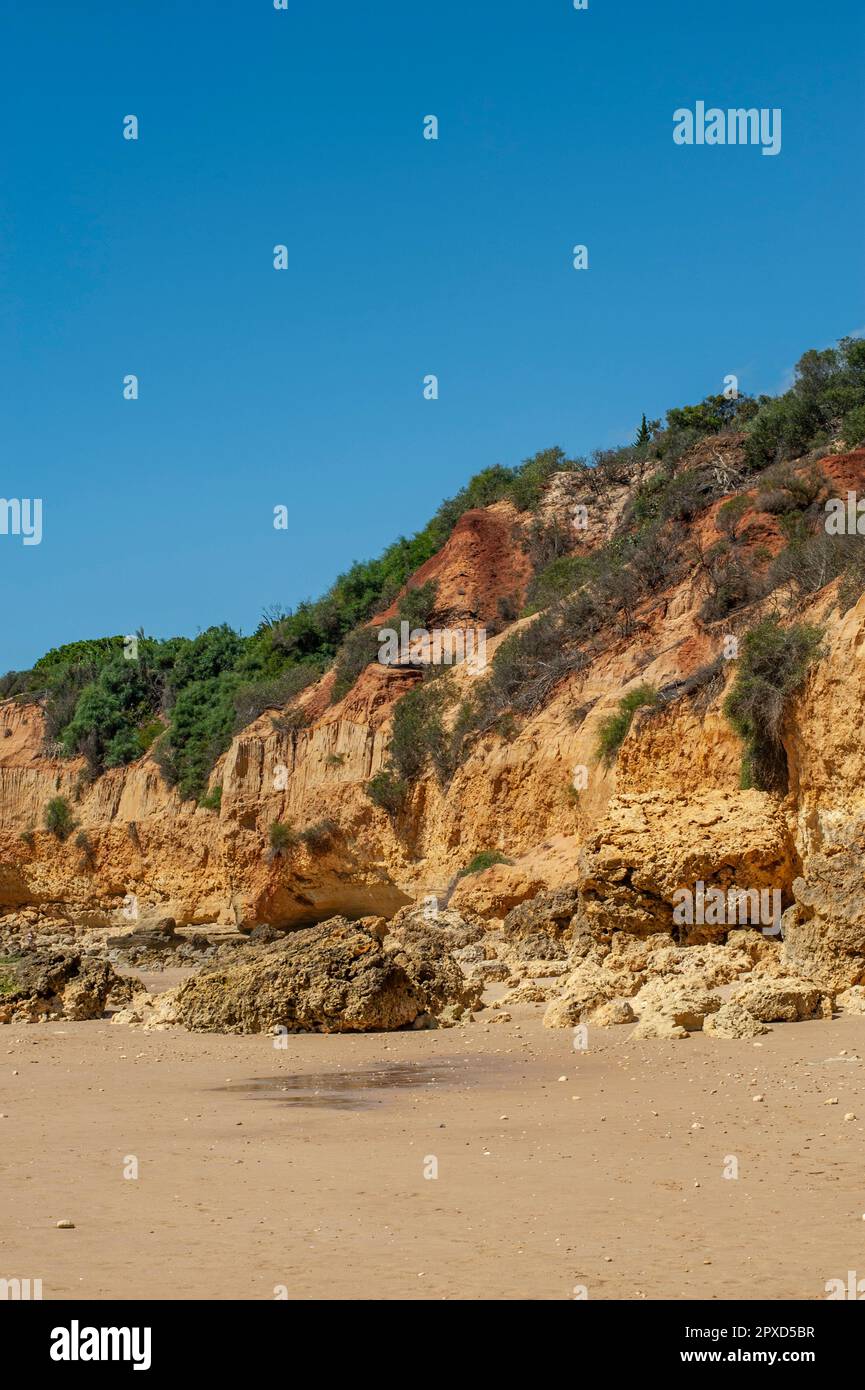 Maria Luisa beach with rock formation in Albufeira, Algarve, Portugal ...