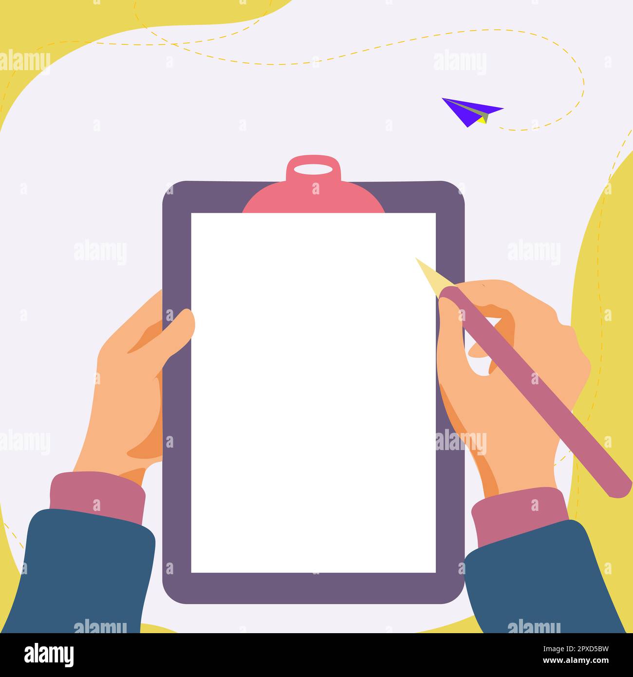 Illustration with hands holdings pencil writing text. New infromation ...