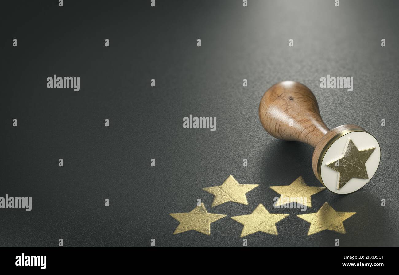 Rubber stamp with one golden star, over black background with five ...