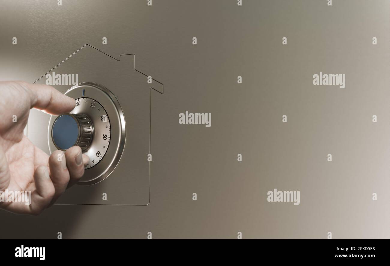 Hand opening a house shaped safe with copy space. Rental security ...