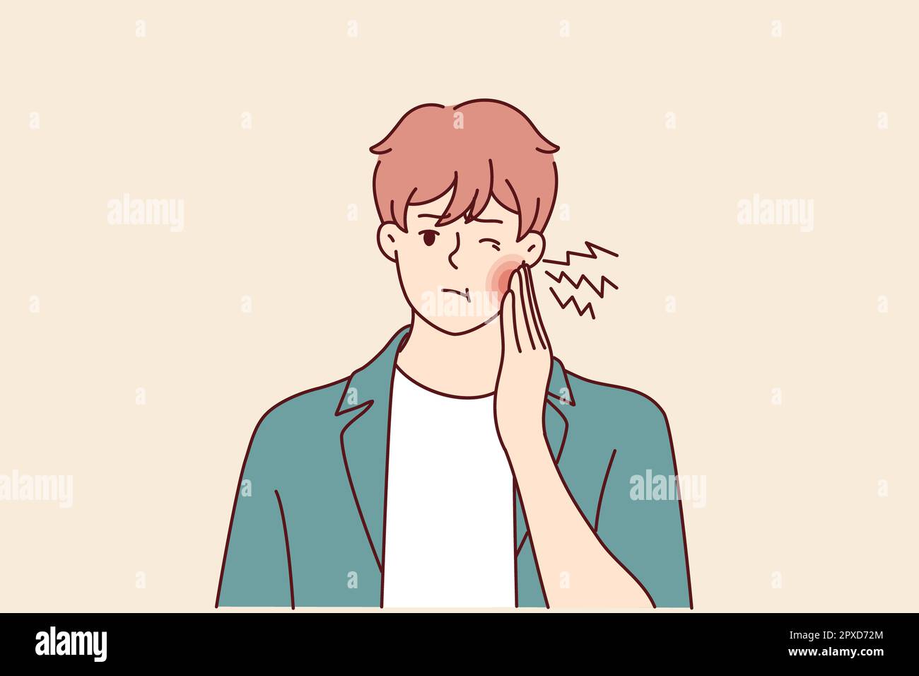 Man has pain in teeth and puts hand on red cheek due to caries or ...