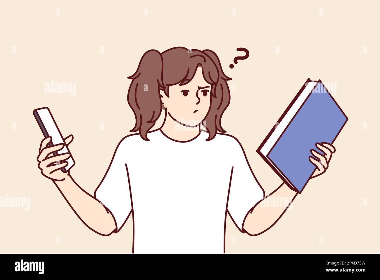 Teen girl choose between book and phone to read favorite art story ...