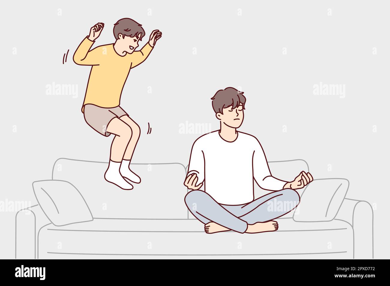 Restrained man sitting cross-legged doing yoga ignoring younger brother ...