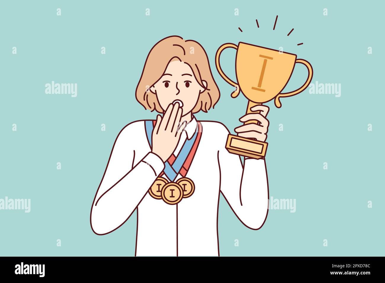 Puzzled woman with cup and medals of winner of sports olympiad covers ...