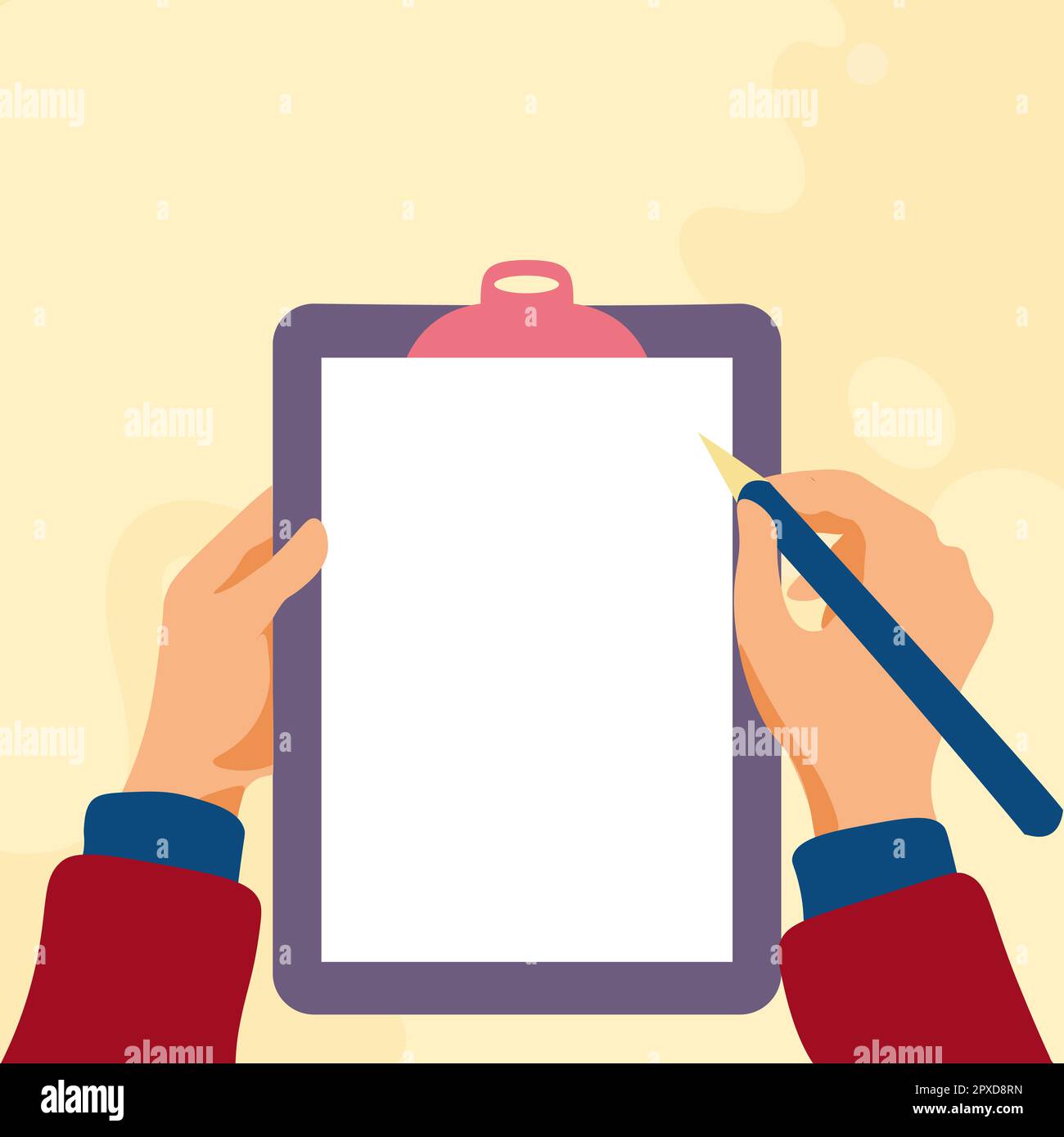 Illustration with hands holdings pencil writing text. New infromation ...