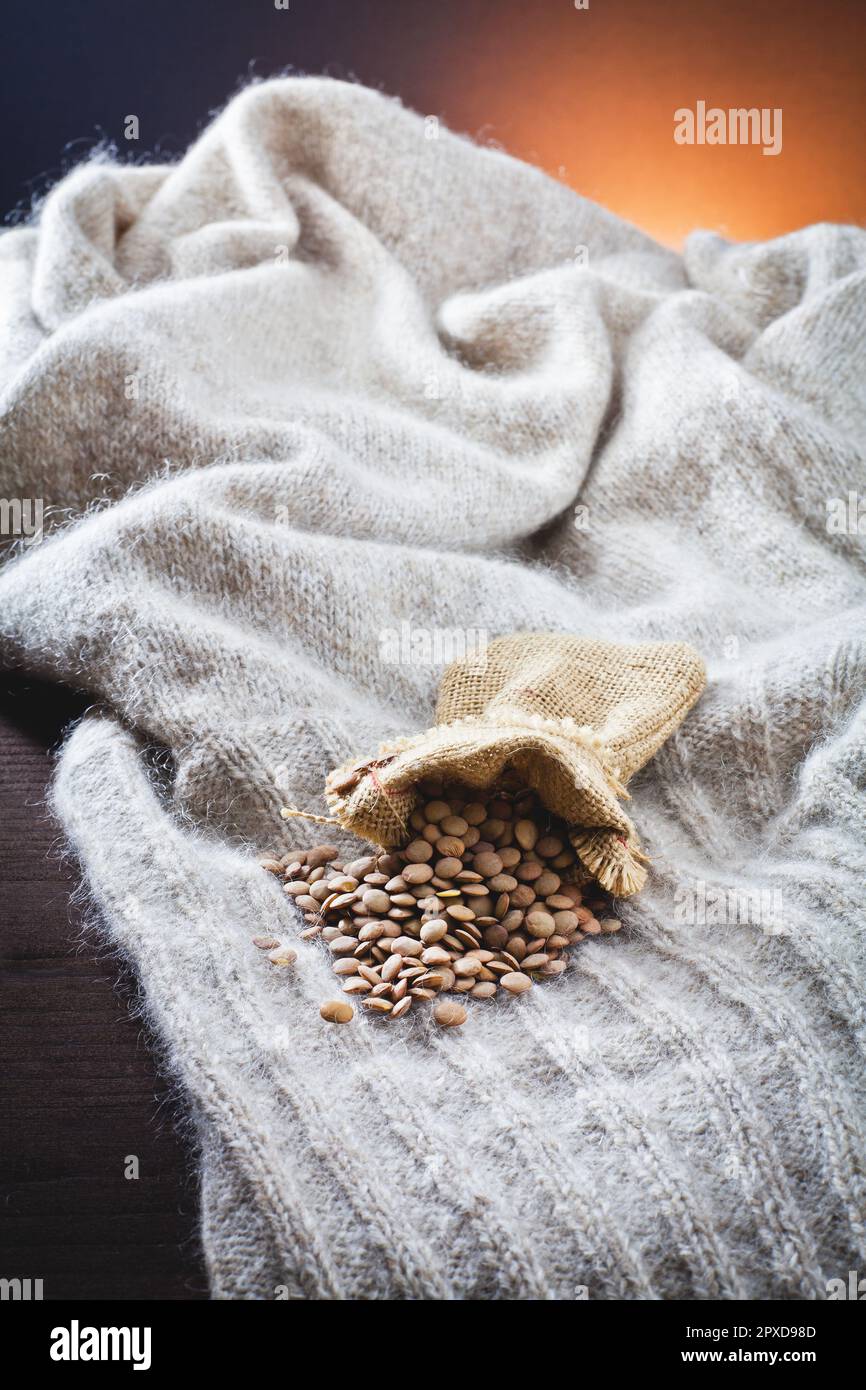 raw lentils, lots of background in the wool Stock Photo - Alamy