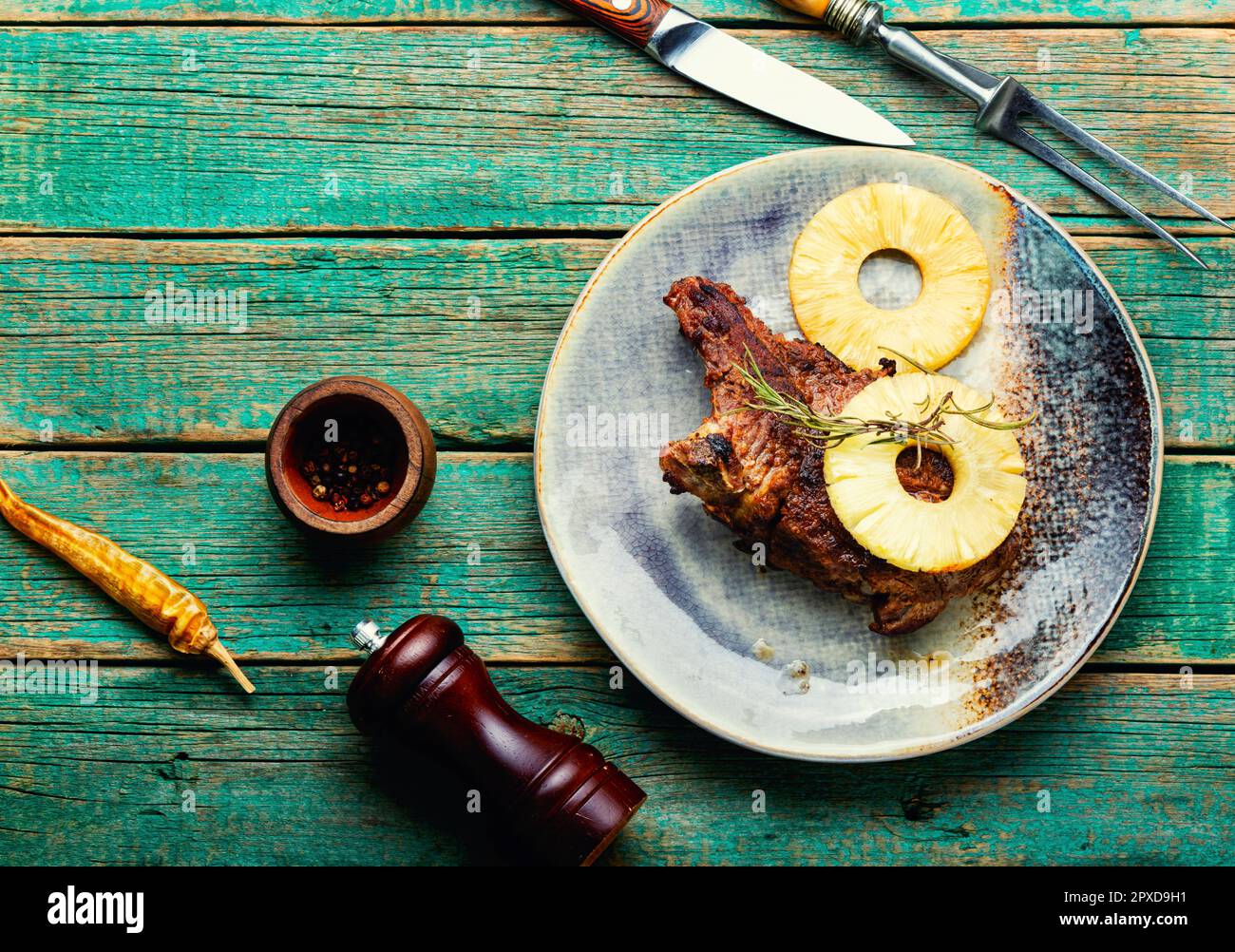 Tasty grilled beef meat with pineapple in pineapple sauce. Copy space ...