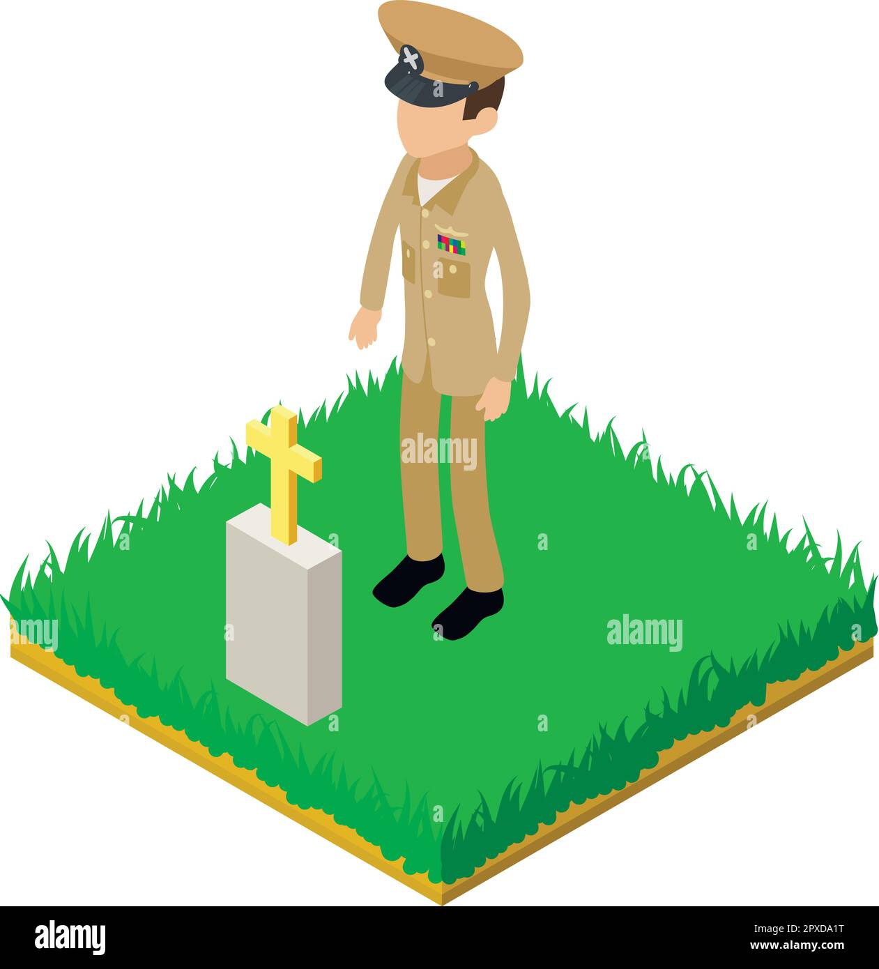 Officer icon isometric vector. Man officer character stand near friend grave. Military cemetery ...