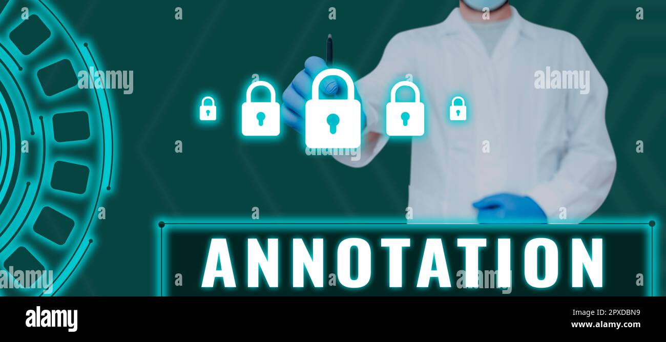 Hand writing sign Annotation, Business overview note added by way of ...