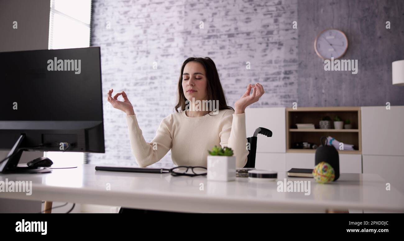 Healthy Yoga Meditation Exercise In Office Chair At Workplace Stock ...