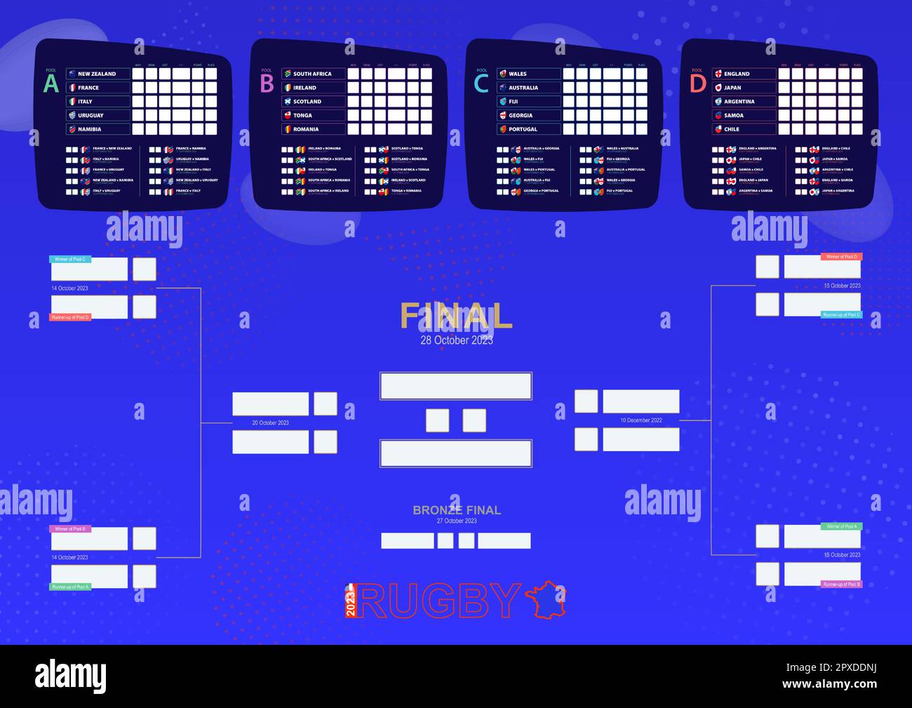 World 2023 match schedule, Rugby tournament results table with flags of participants. Vector ...