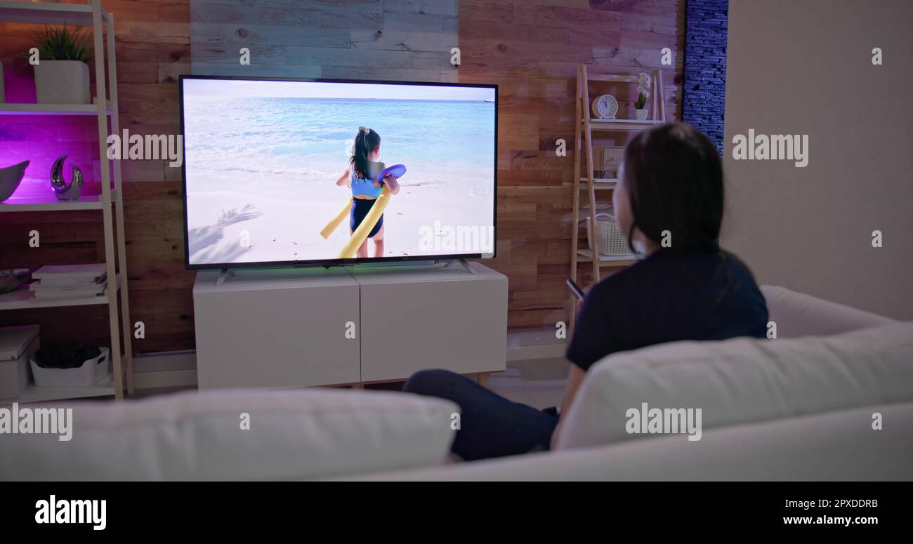 Smart Led TV In Living Room At Night Stock Photo - Alamy