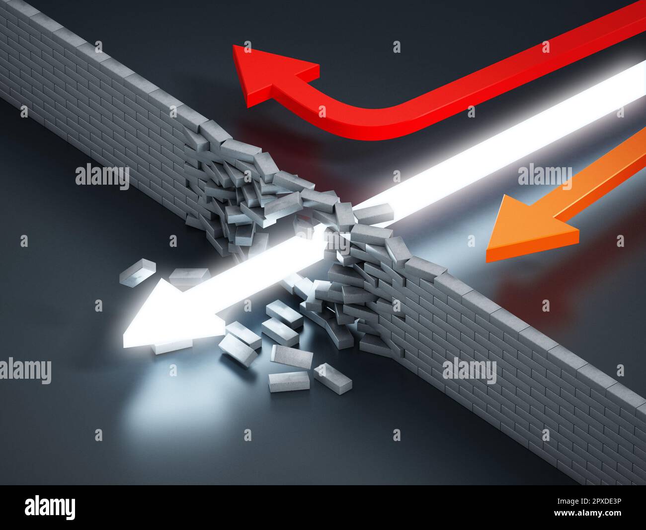 White arrow breaking the wall and passing to the other side. 3D ...