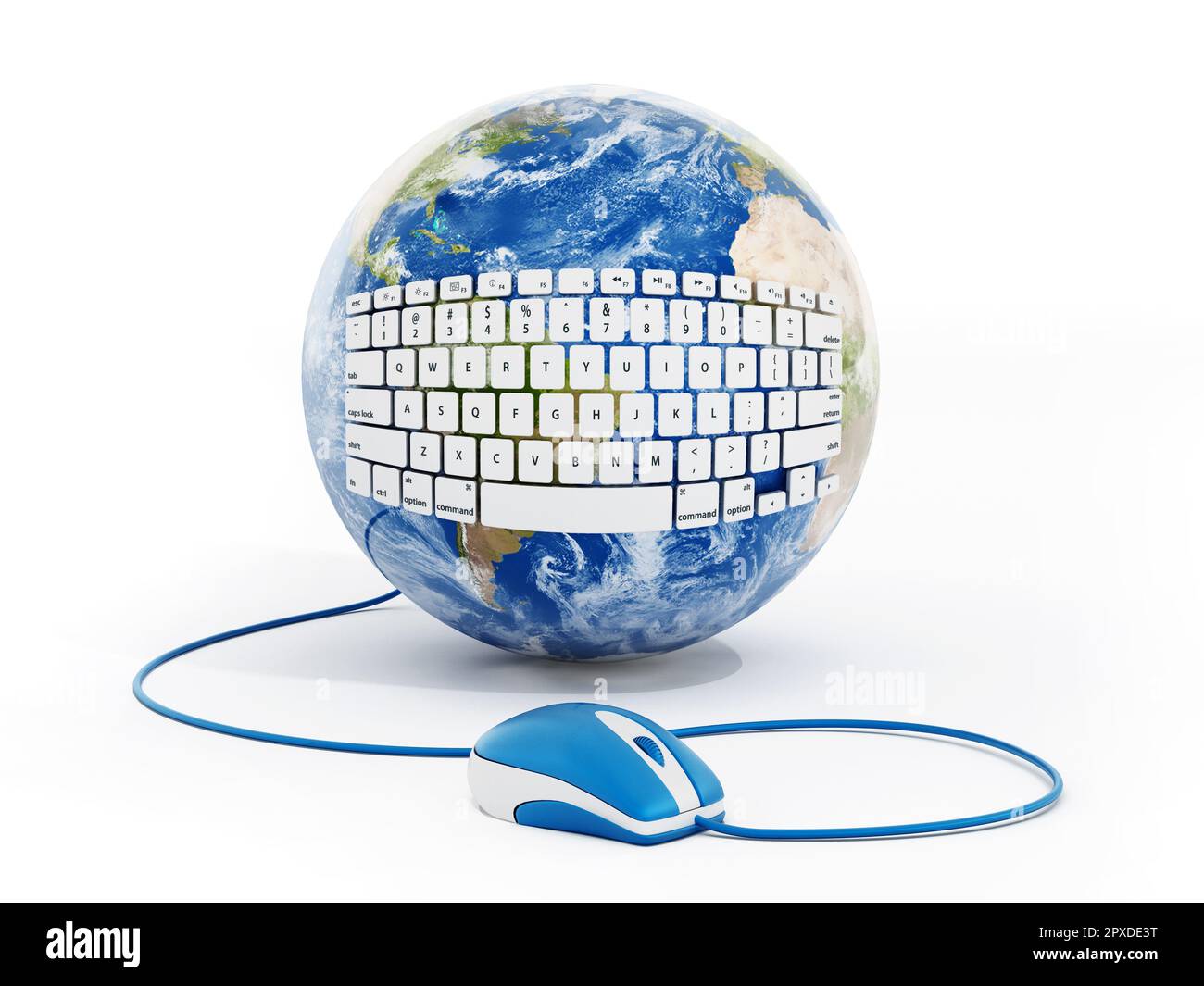 White keyboard wrapped on the earth connected to computer mouse. 3D ...