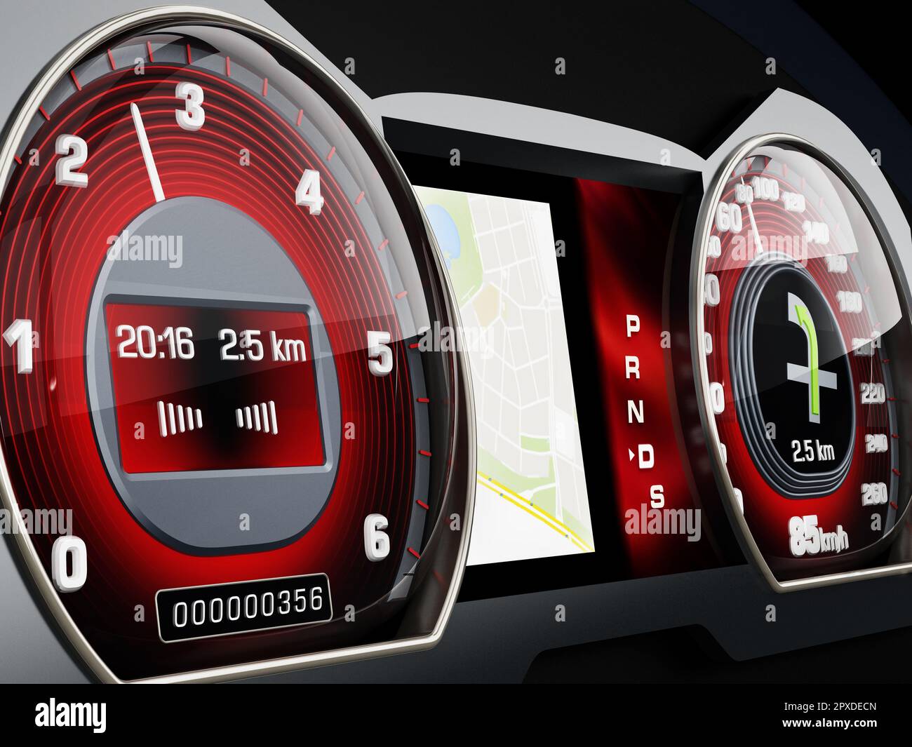 Modern speedometer of a car with navigation screen. 3D illustration ...