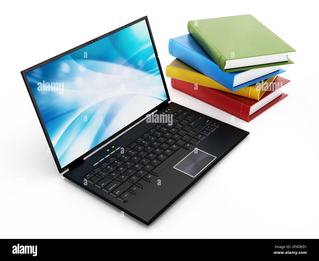 Book stack and laptop computer isolated on white background. 3D ...