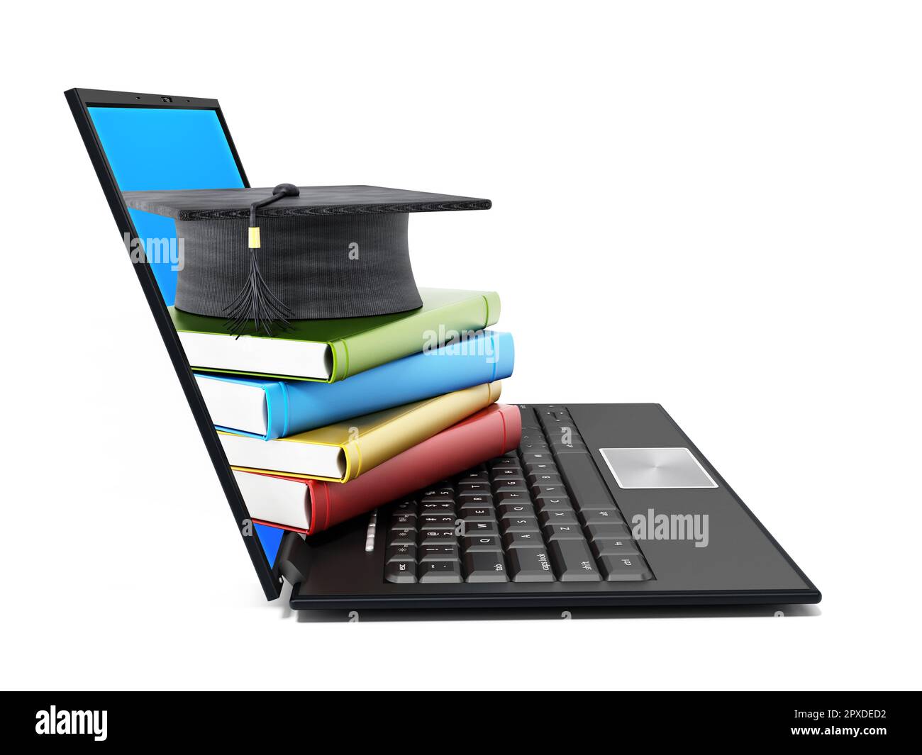 Book stack and graduation cap on laptop computer isolated on white ...