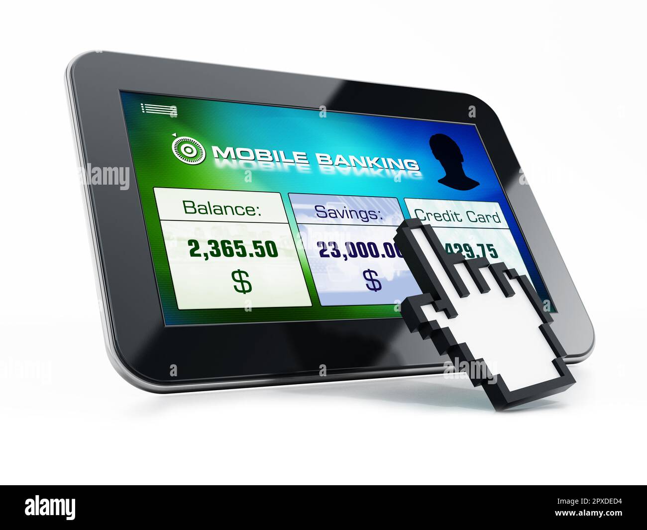 Mobile banking interface screen on tablet computer and hand cursor. 3D ...