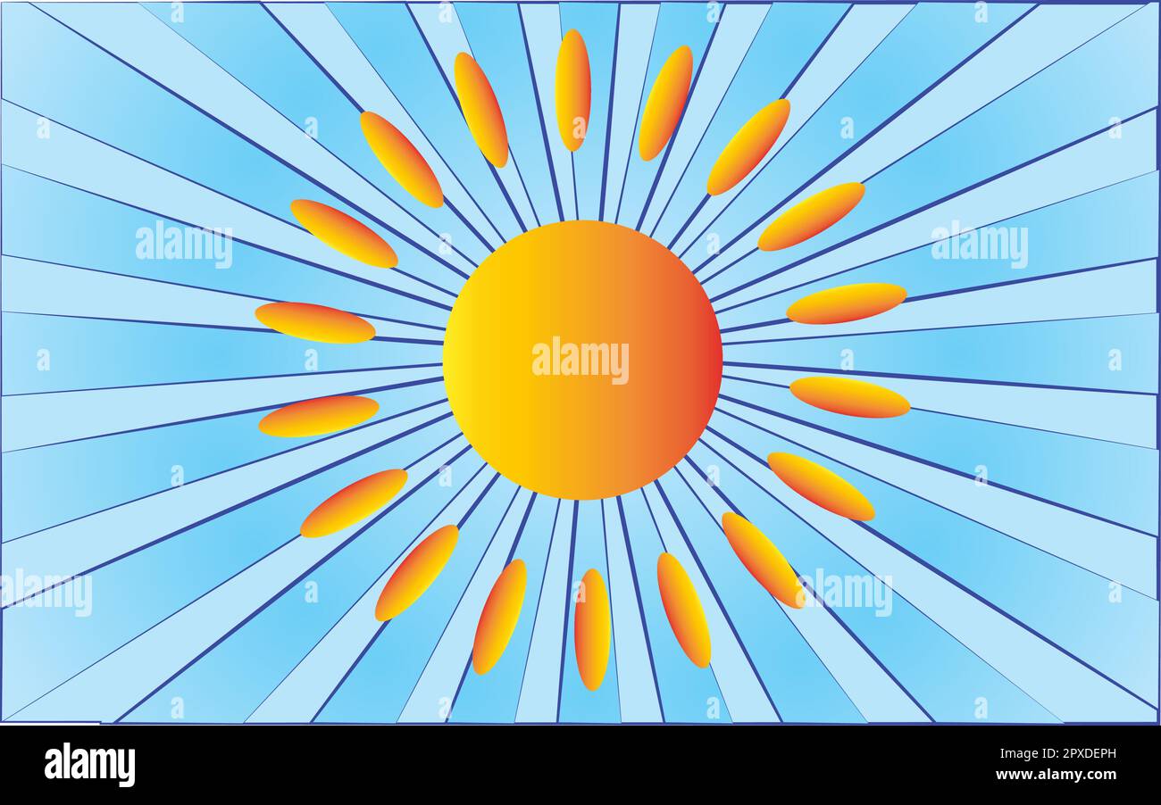 Big bright yellow hot sun against a background of abstract blue rays ...