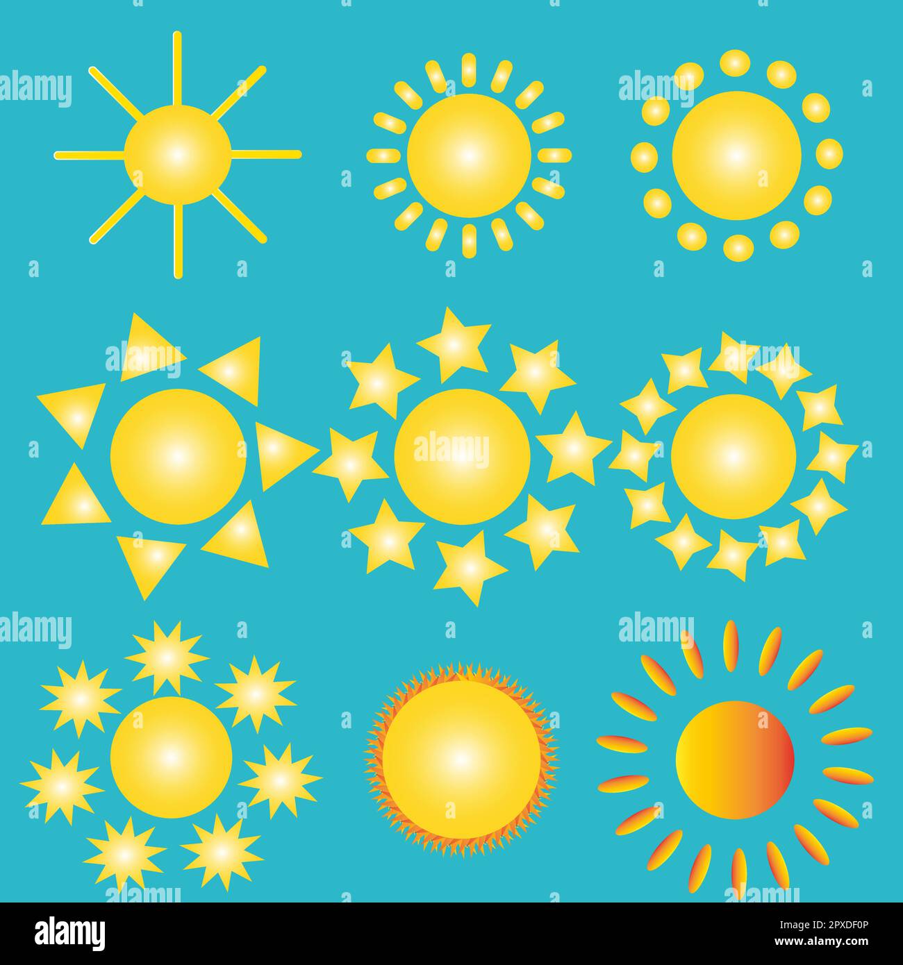 A set of 9 yellow suns with rays of different shapes. Vector ...