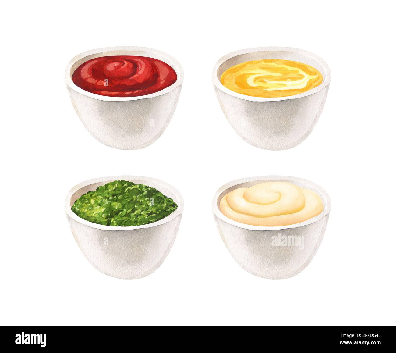 Watercolor delicious bowls with sauces. Hand-drawn illustration ...