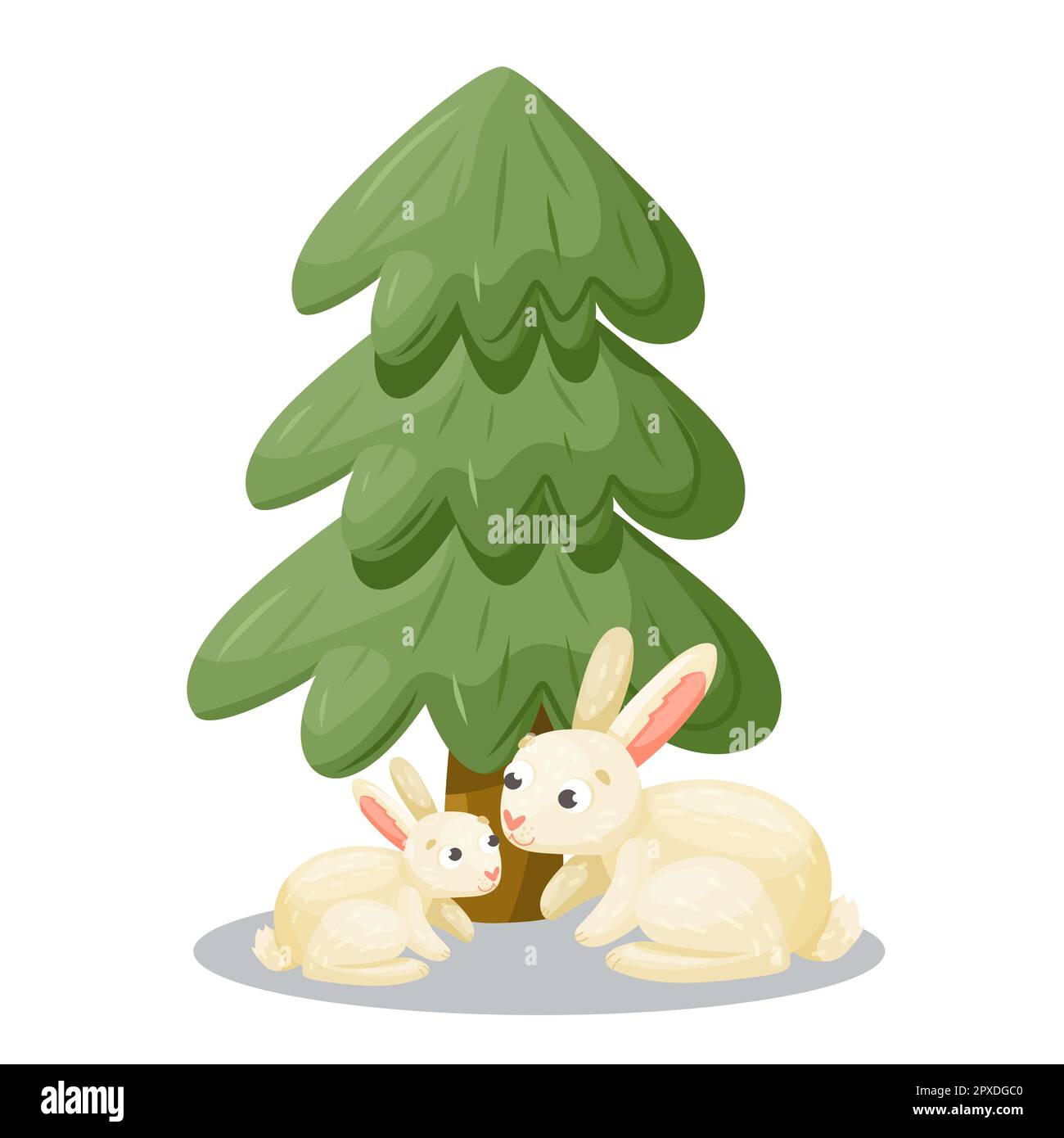 Two Cute Rabbits Under Evergreen Tree Vector Cartoon Illustration