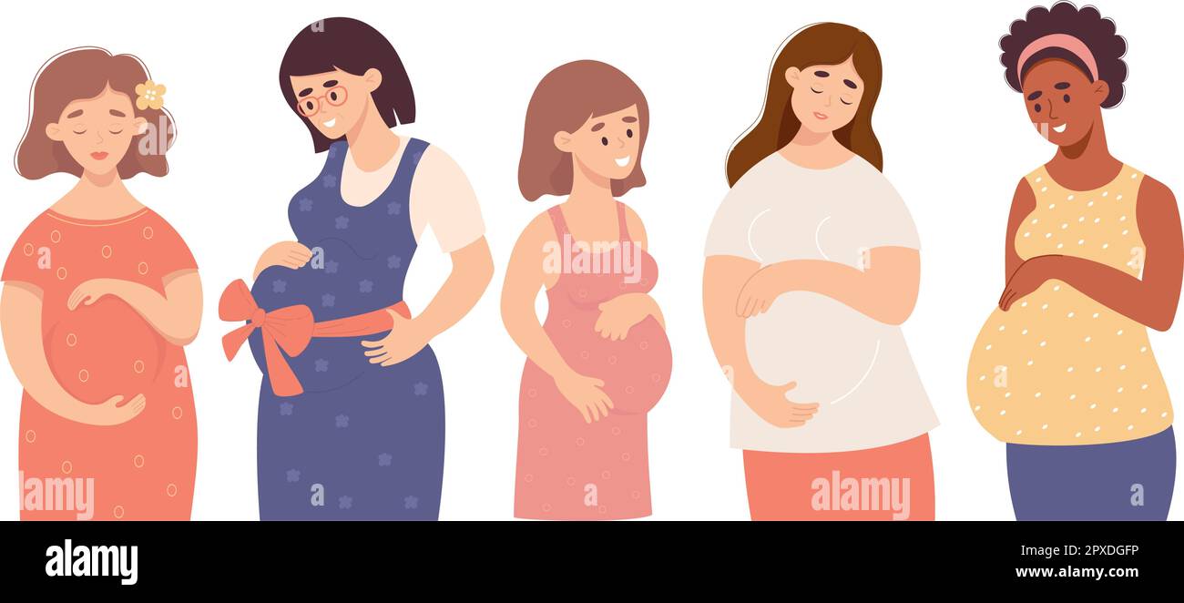 Pregnancy. Collection cute pregnant women. Diversity, light-skinned and ...