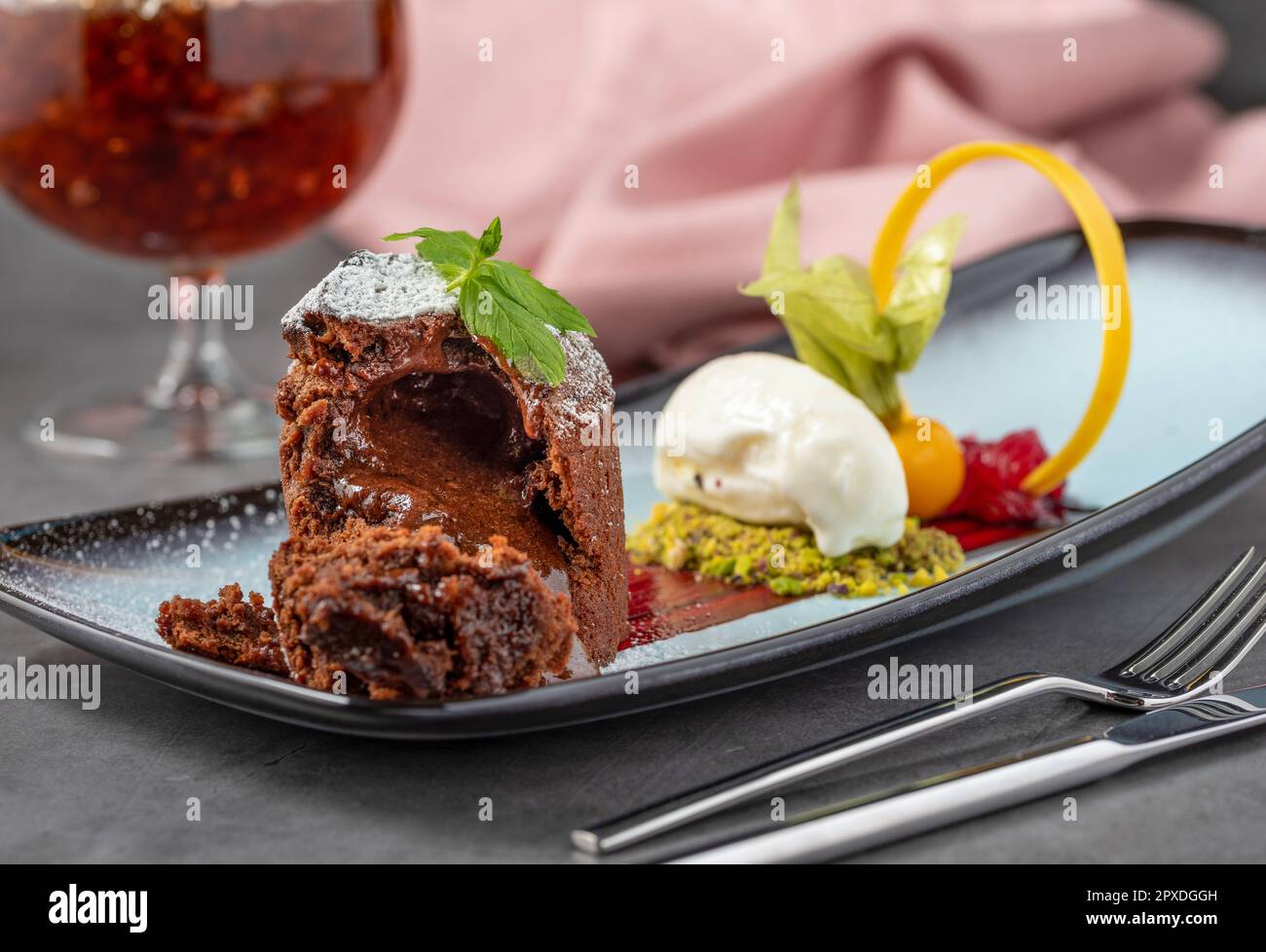 Chocolate souffle with ice cream served in a fine dining restaurant ...