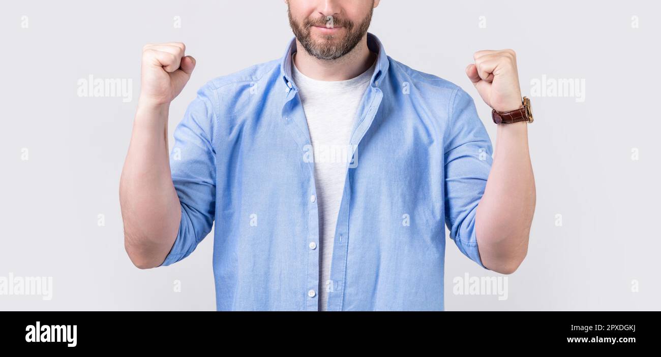 winning man win with yes gesture isolated on grey background, cropped ...