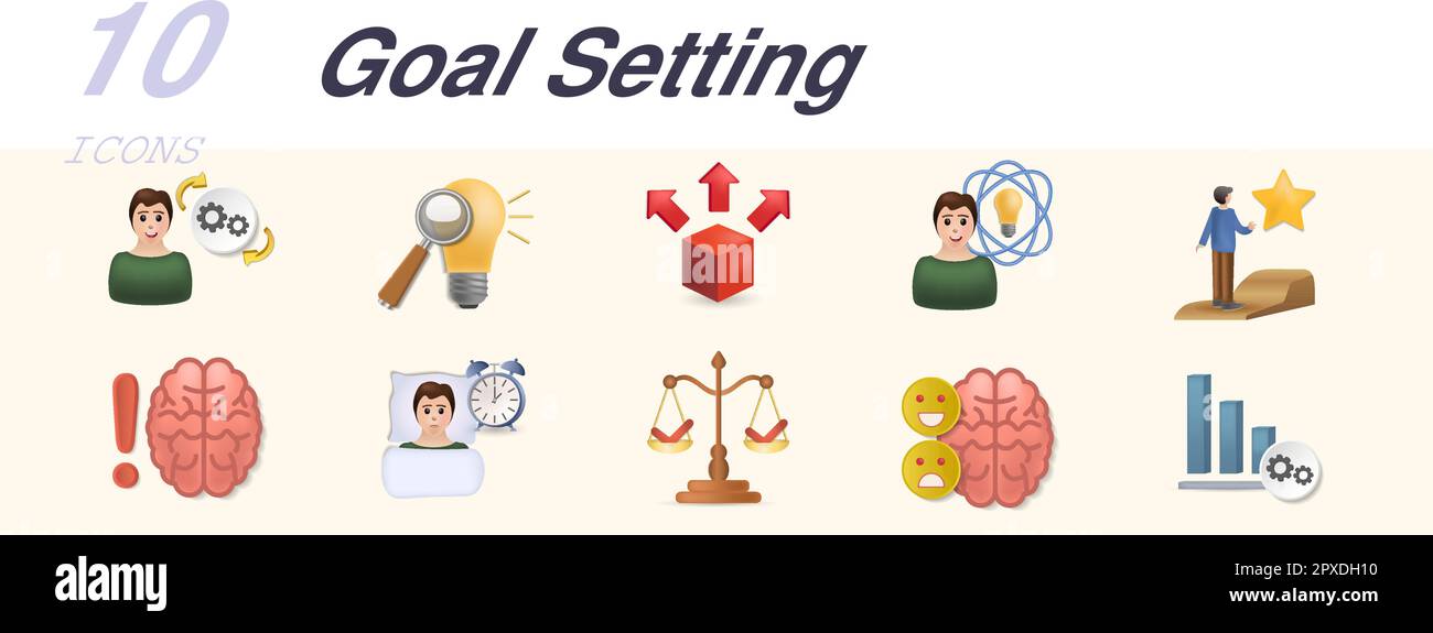 Goal setting set. Creative icons: problem solving, coordination, genius ...