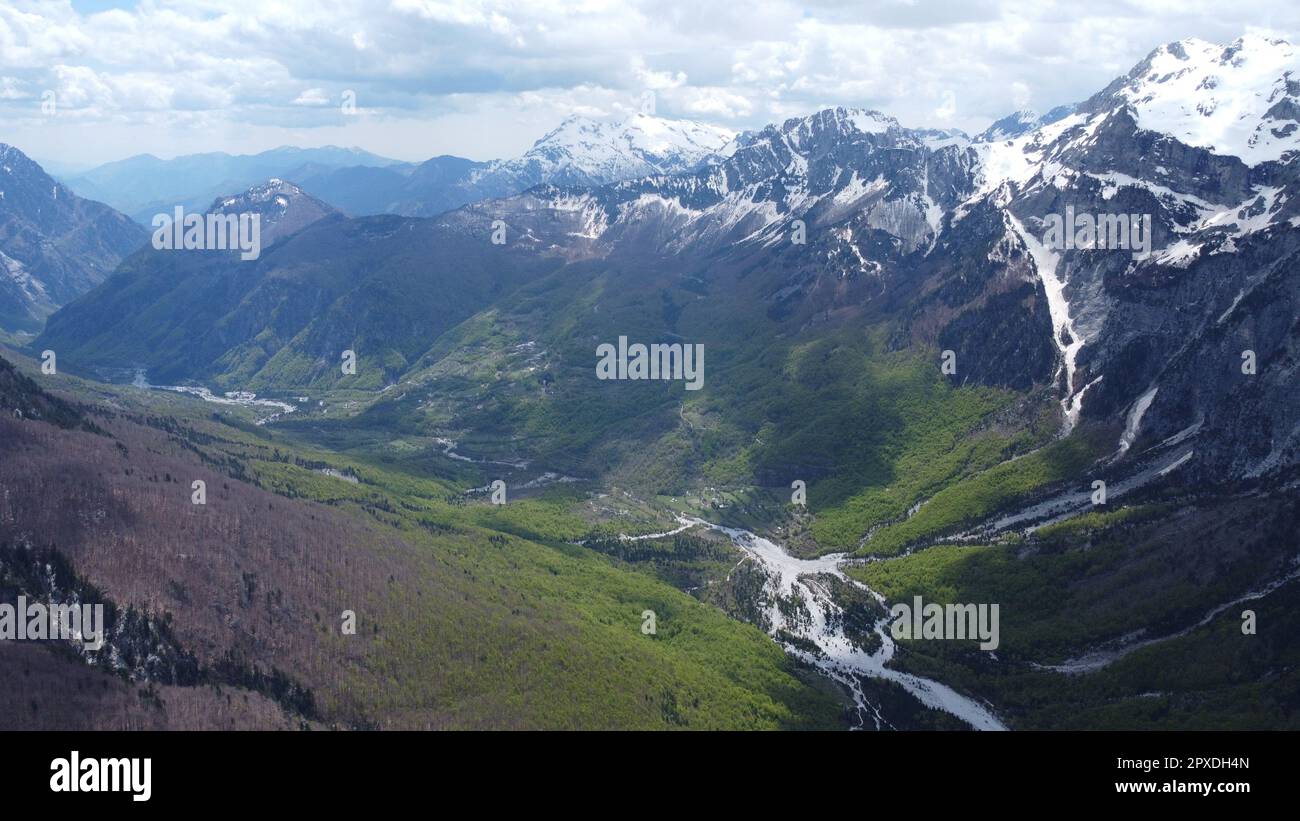 Panorama looking down over the green Theth valley from the Qafa e Pejes ...