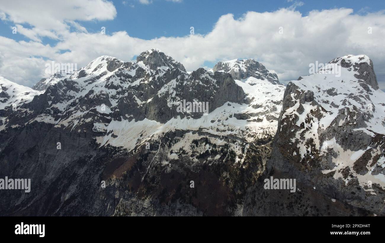 Panorama looking over the snow capped Accursed mountains, Theth ...