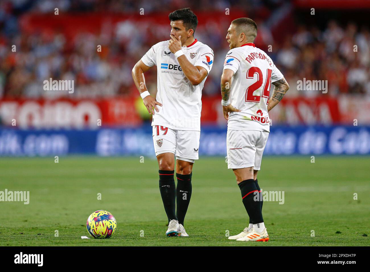 Marcos Acuna, Alejandro Dario Papu Gomez of Sevilla FC during the La Liga match between Sevilla ...