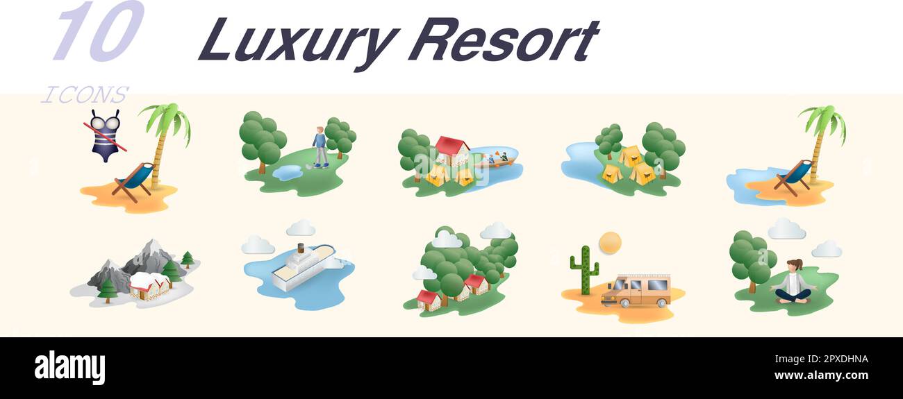 Luxury resort set. Creative icons: clothing optional resort, golf ...