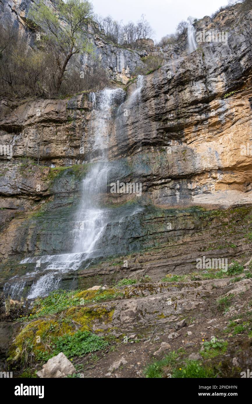 Aerial view of Skaklya Waterfall near village of Zasele, Balkan ...