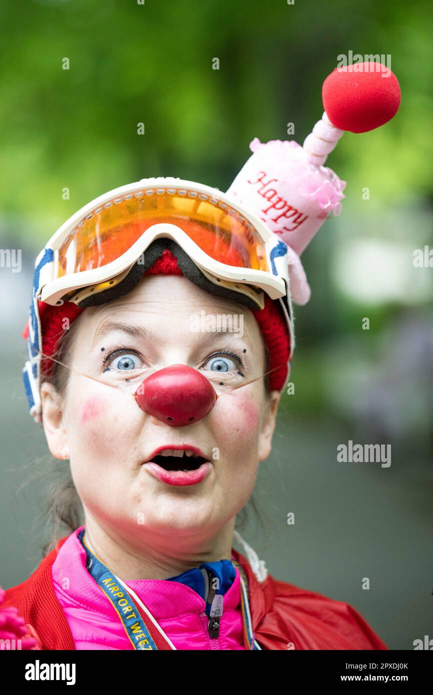 Berlin, Germany. 02nd May, 2023. Clown Natascha grimaces at the start ...