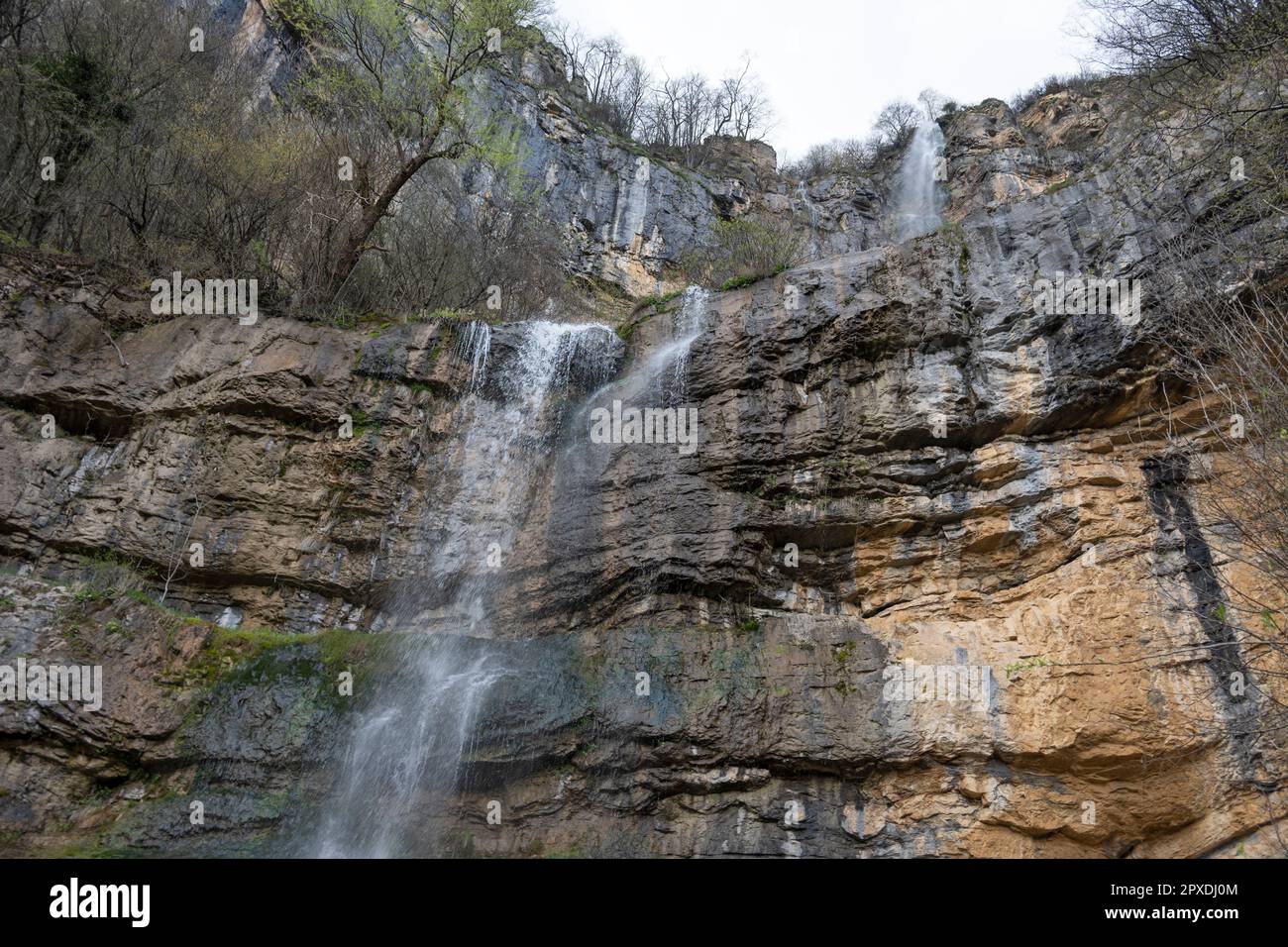 Aerial view of Skaklya Waterfall near village of Zasele, Balkan ...