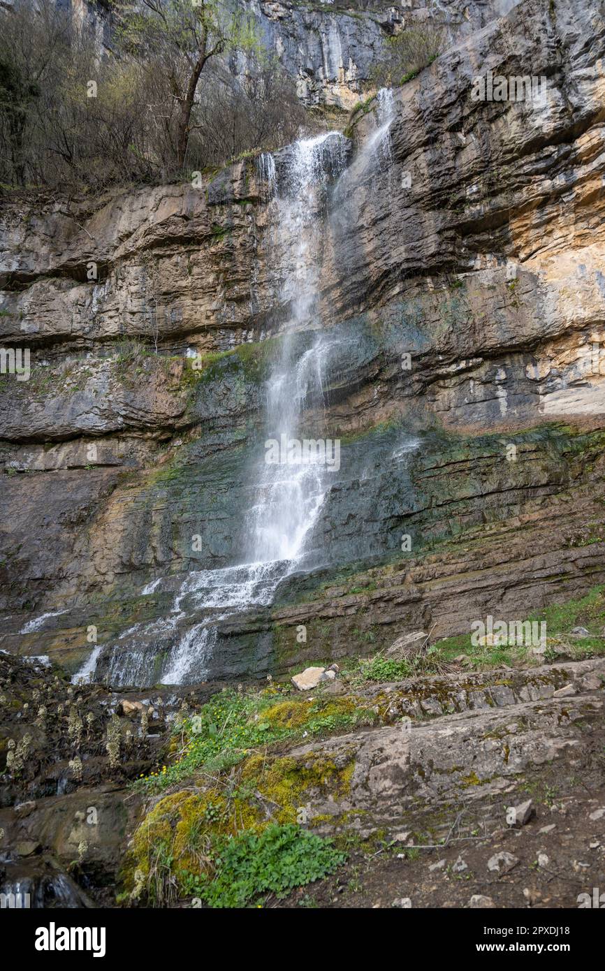Aerial view of Skaklya Waterfall near village of Zasele, Balkan ...