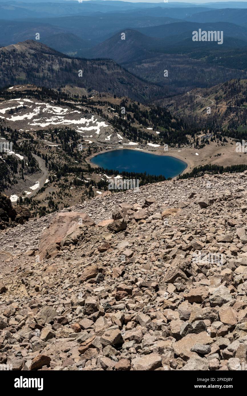 Lake Helen Fills a Crater Below Lassen Peak on a clear summer day Stock ...